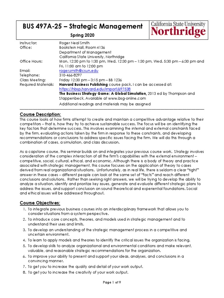 CSUN - BUS 497A-25 Spring 2020 - Syllabus | PDF | Strategic Management ...