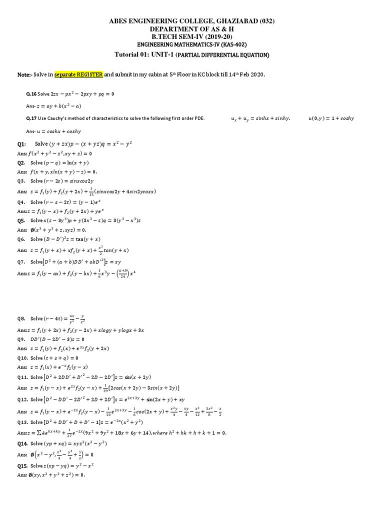 Tutorial PDE Unit-1 Maths-IV | PDF | Partial Differential Equation | Differential Equations