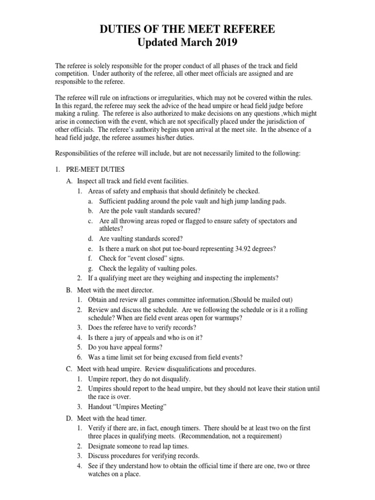 Athletics - Duties of Meet Referee | PDF | Referee | Track And Field