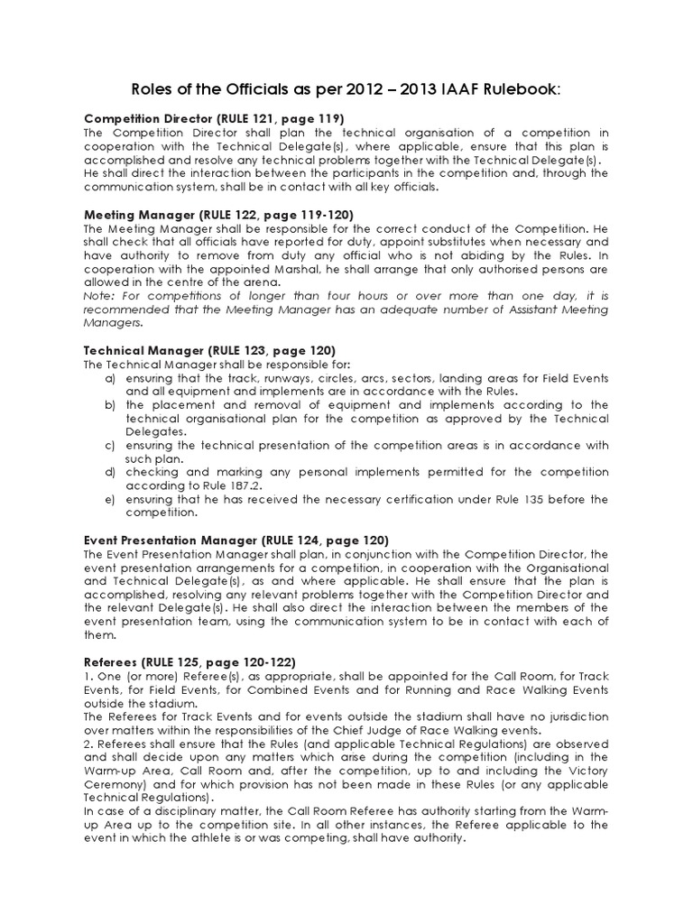 IAAF Officials' Roles Guide | PDF | Referee | Track And Field