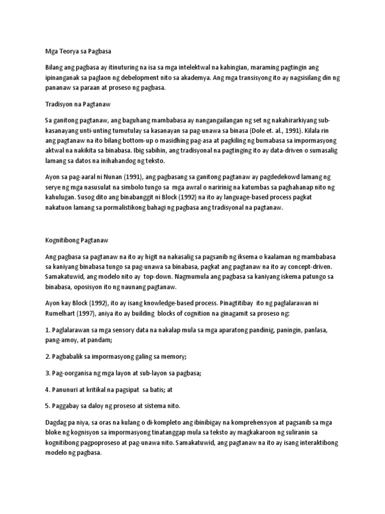 Mga Teorya Sa Pagbasa | PDF