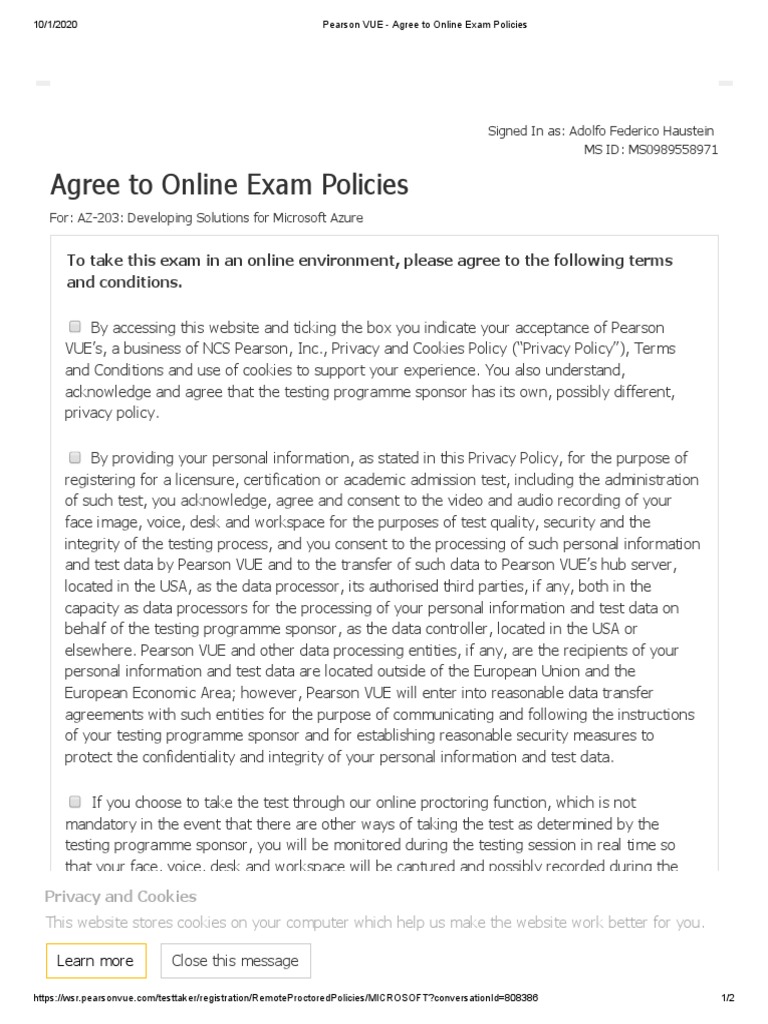 Pearson VUE - Agree To Online Exam Policies | PDF | Http Cookie | Privacy