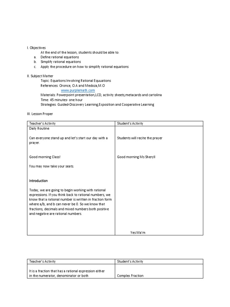 Lesson Plan Rational Equations Lemons | PDF | Fraction (Mathematics ...