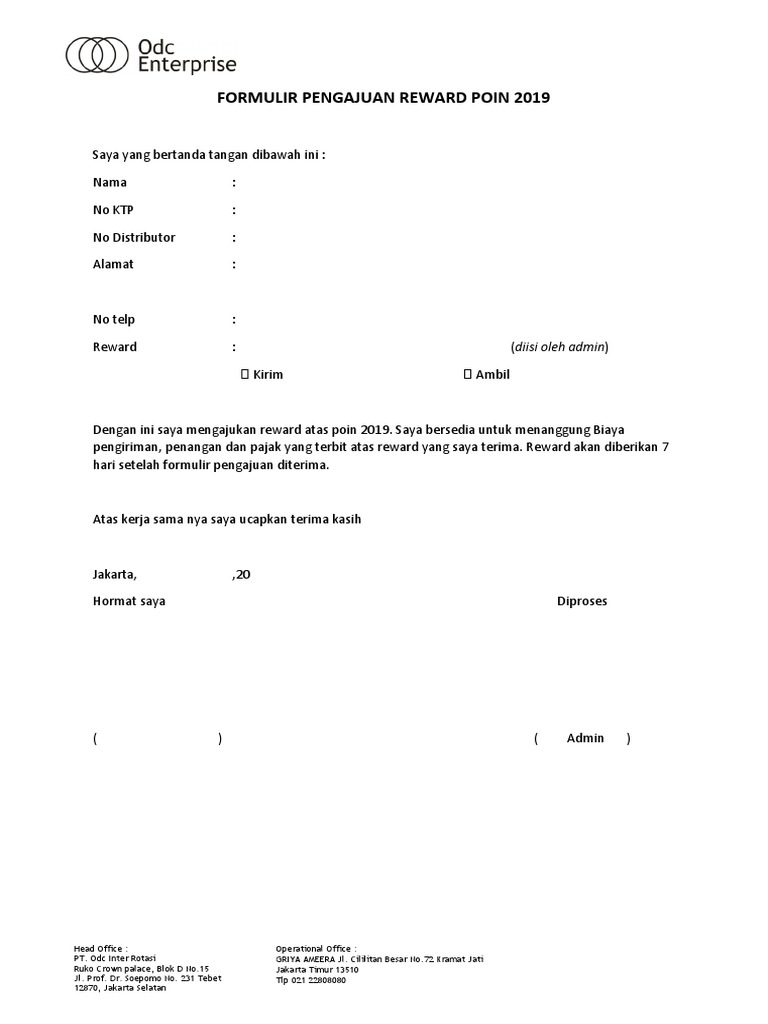 Form Pengajuan Reward 2019 | PDF