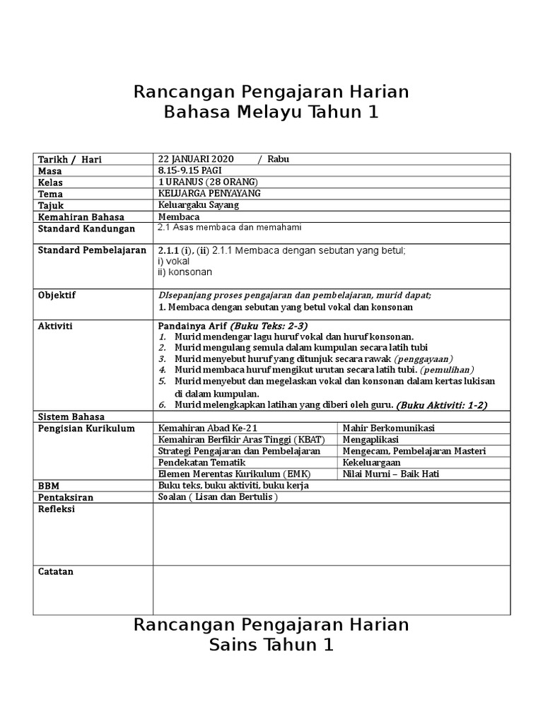 RPH Minggu 1 | PDF