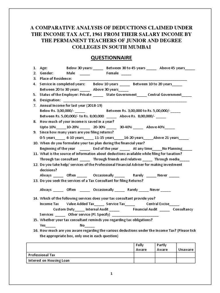 Questionnaire | PDF | Income Tax | Taxes