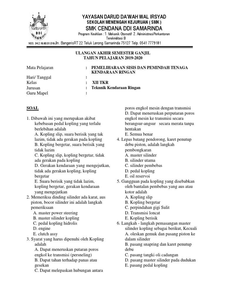 SOAL Sasis UJIAN SEMESTER | PDF