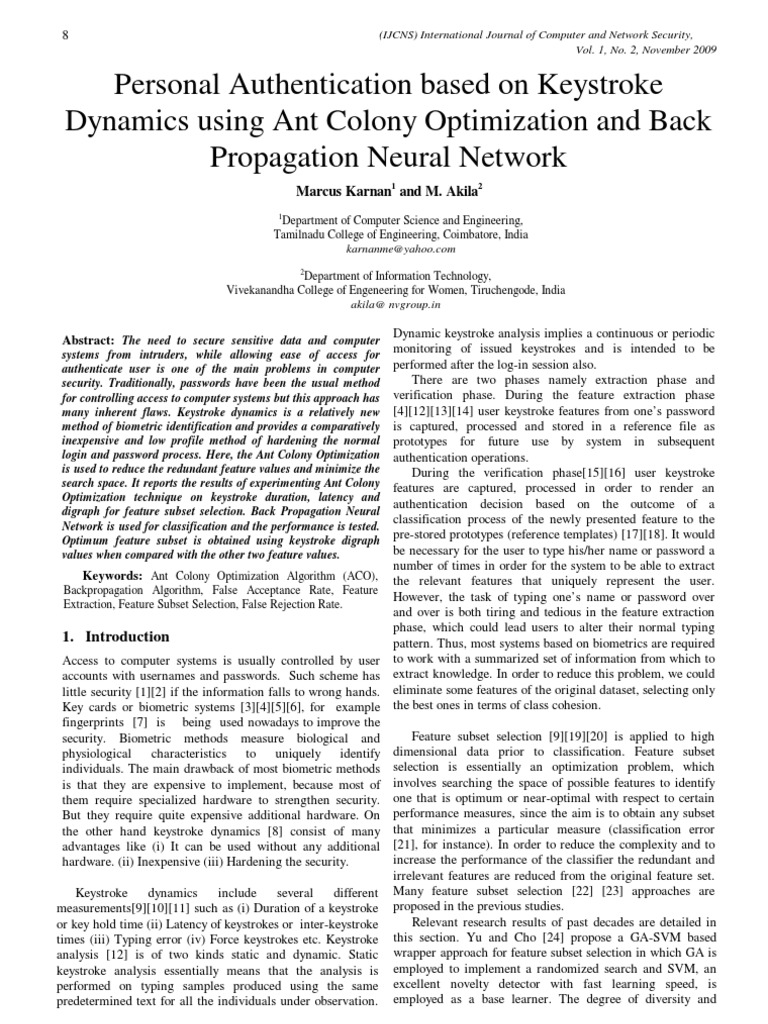 Personal Authentication Based On Keystroke Dynamics Using Ant Colony Optimization and Back ...
