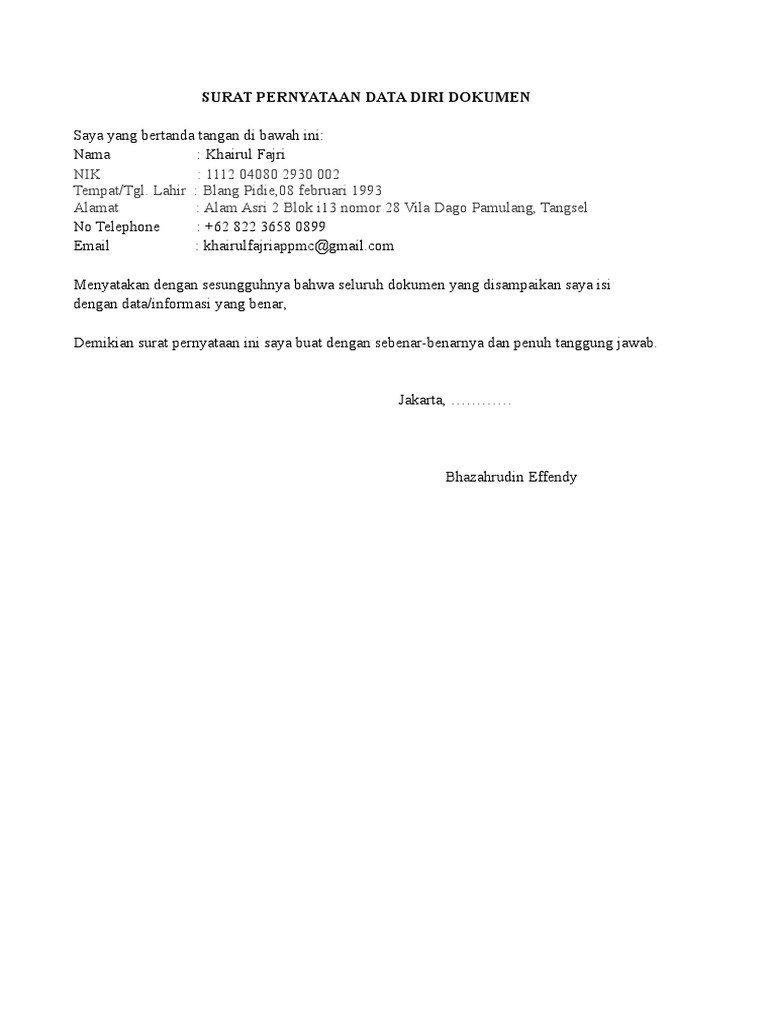 Surat Pernyataan Data Diri Dokumen | PDF