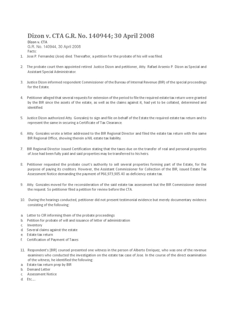 Dizon Vs CTA Digest | PDF | Evidence | Probate