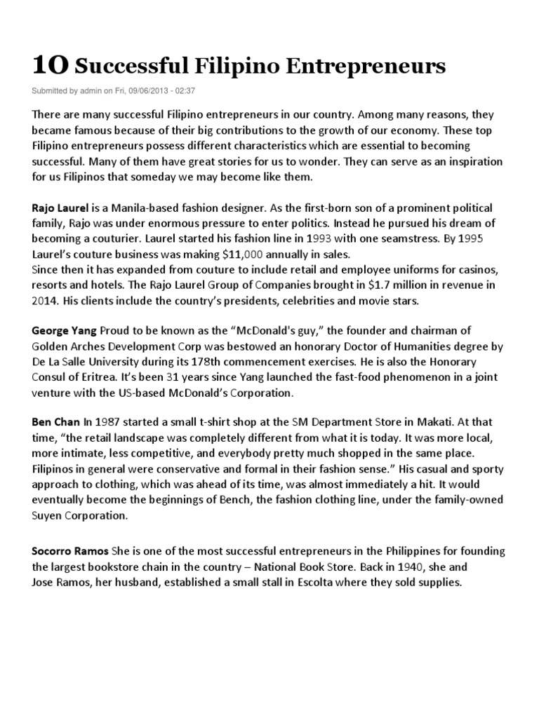 10 Successful Filipino Entrepreneurs | PDF | Economy Of The Philippines ...