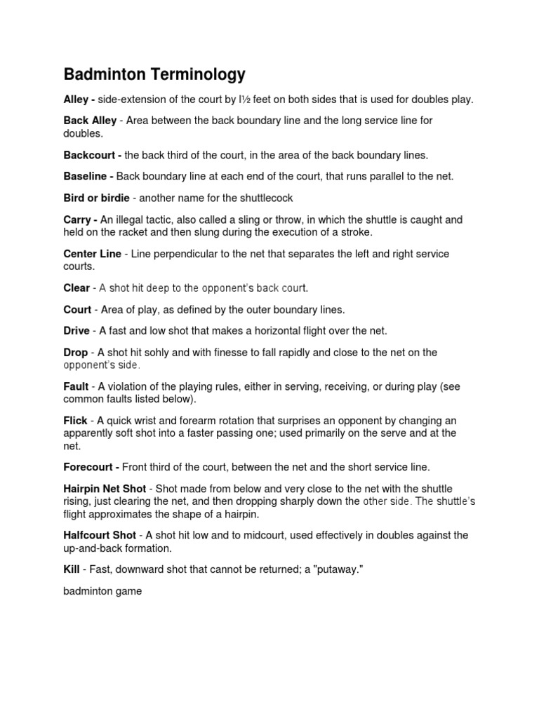 Badminton Terminology Explained | PDF | Racquet Sports | Athletic Sports