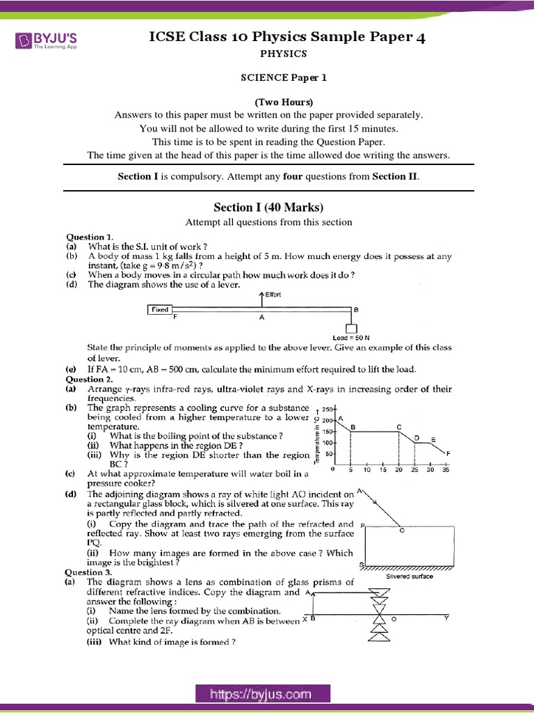 ICSE Class 10 Physics Sample Paper 4 | PDF
