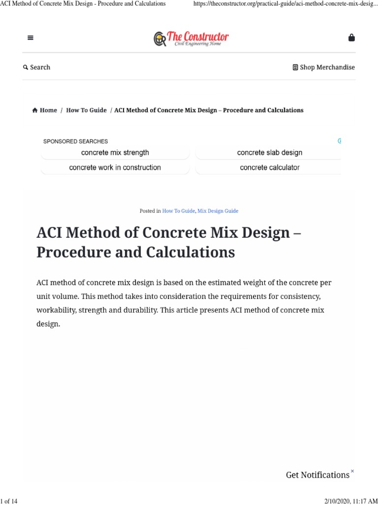 ACI Method of Concrete Mix Design - Procedure and Calculations PDF | PDF | Concrete | Computing