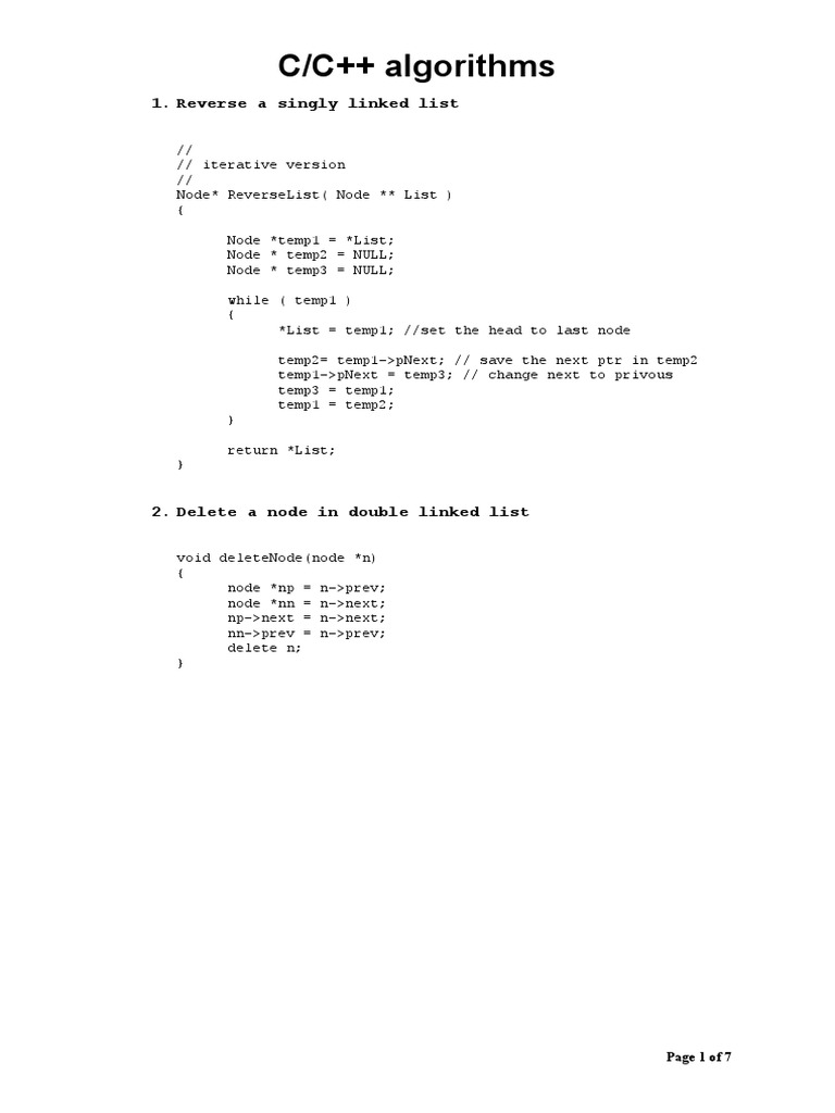 C/C++ Algorithms: 1. Reverse A Singly Linked List | PDF | C (Programming Language) | Pointer ...