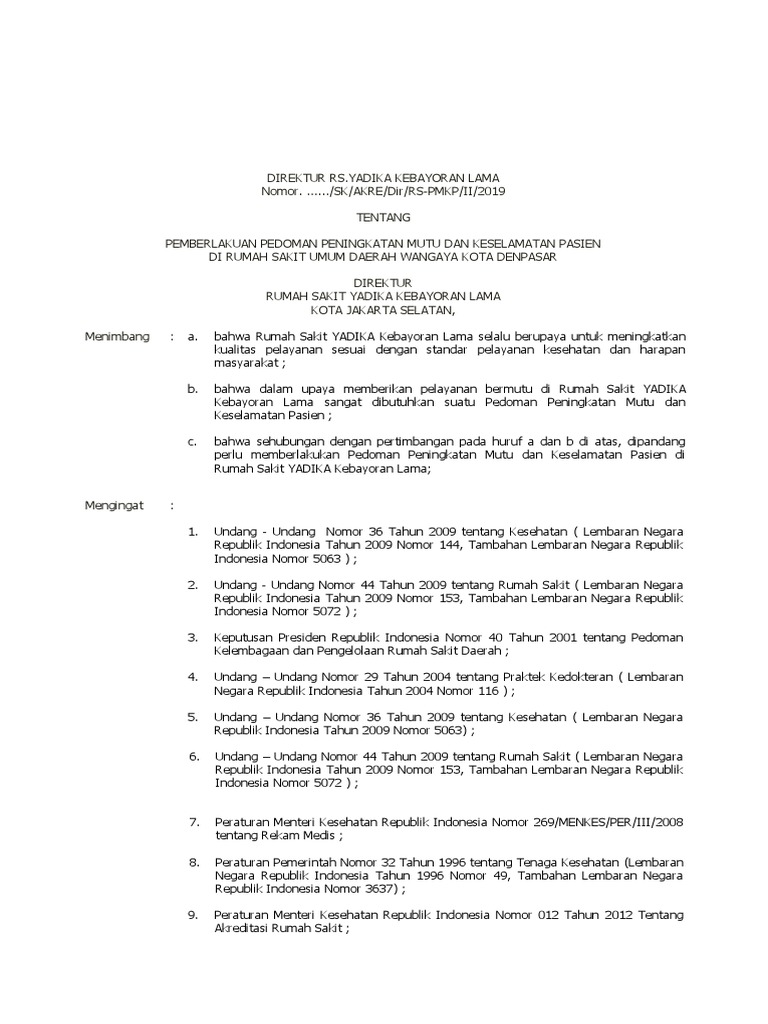 SK Pemberlakuan Pedoman PMKP | PDF