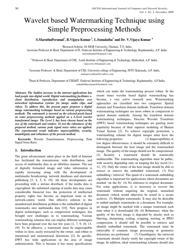 Wavelet Based Watermarking Technique Using Simple Preprocessing Methods | Download Free PDF ...