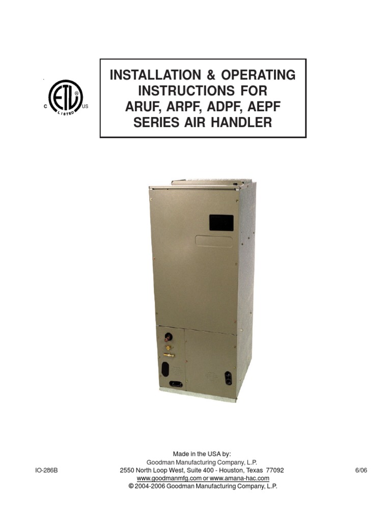 Goodman ARUF Air Handler Installation Instructions | PDF | Duct (Flow ...