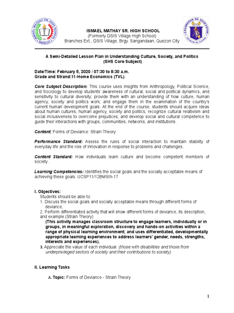 Sample Semi-Detailed Lesson Plan | PDF | Deviance (Sociology) | Lesson Plan