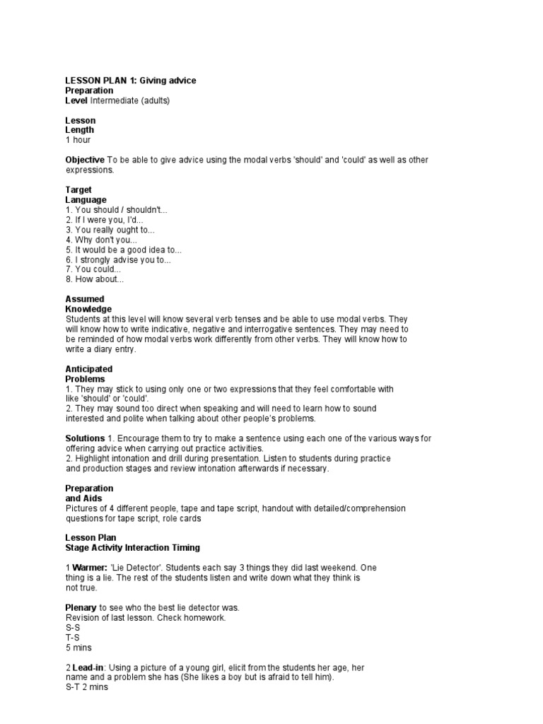 Giving Advice Lesson Plan | PDF | Lesson Plan | Verb
