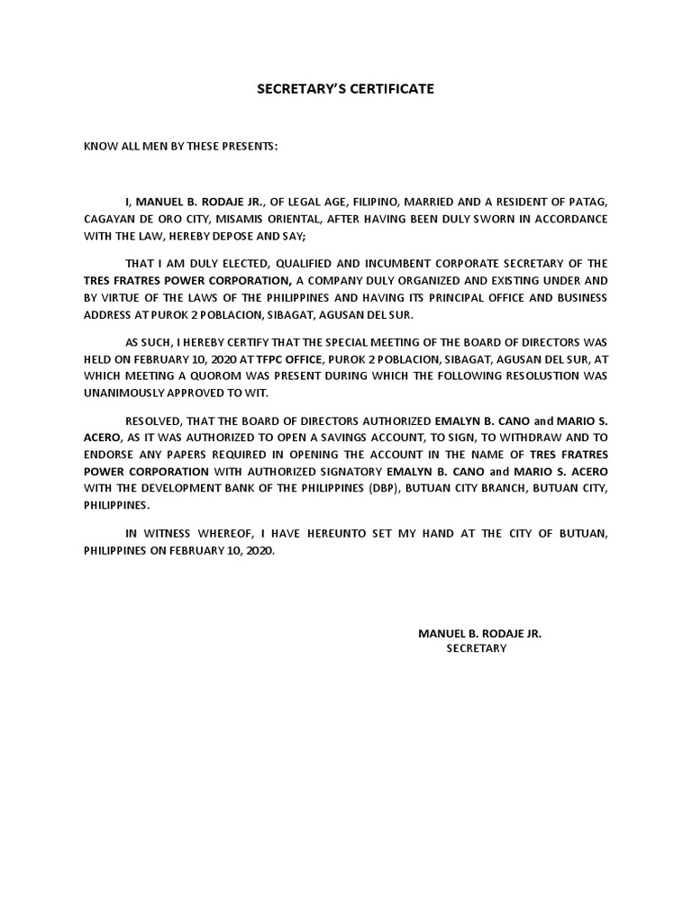 Secretary's Certificate DBP | PDF
