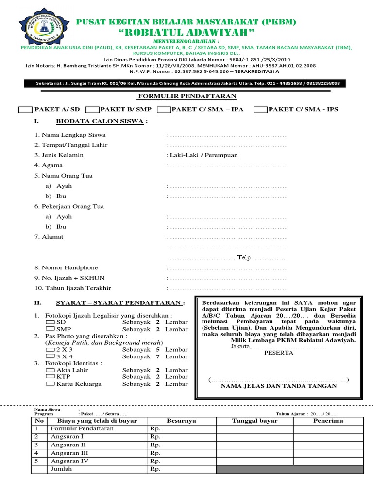 Formulir Pendaftaran Murid Baru Paket A B C | PDF
