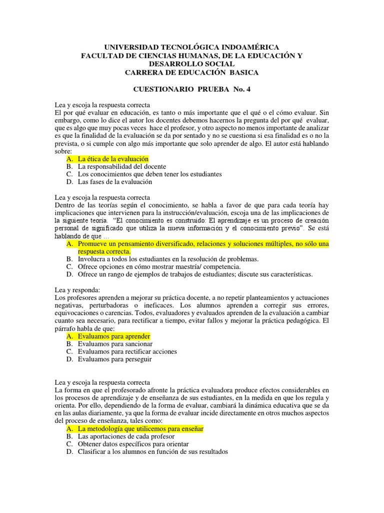 Cuestionario Evaluación Docente No. 4 | PDF | Evaluación | Maestros