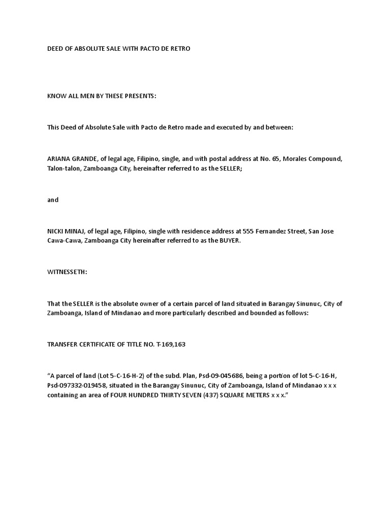 Pacto de Retro Sale | PDF | Conveyancing | Deed