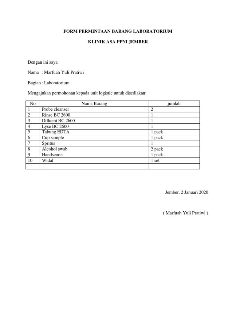 Form Permintaan Barang Laboratorium | PDF