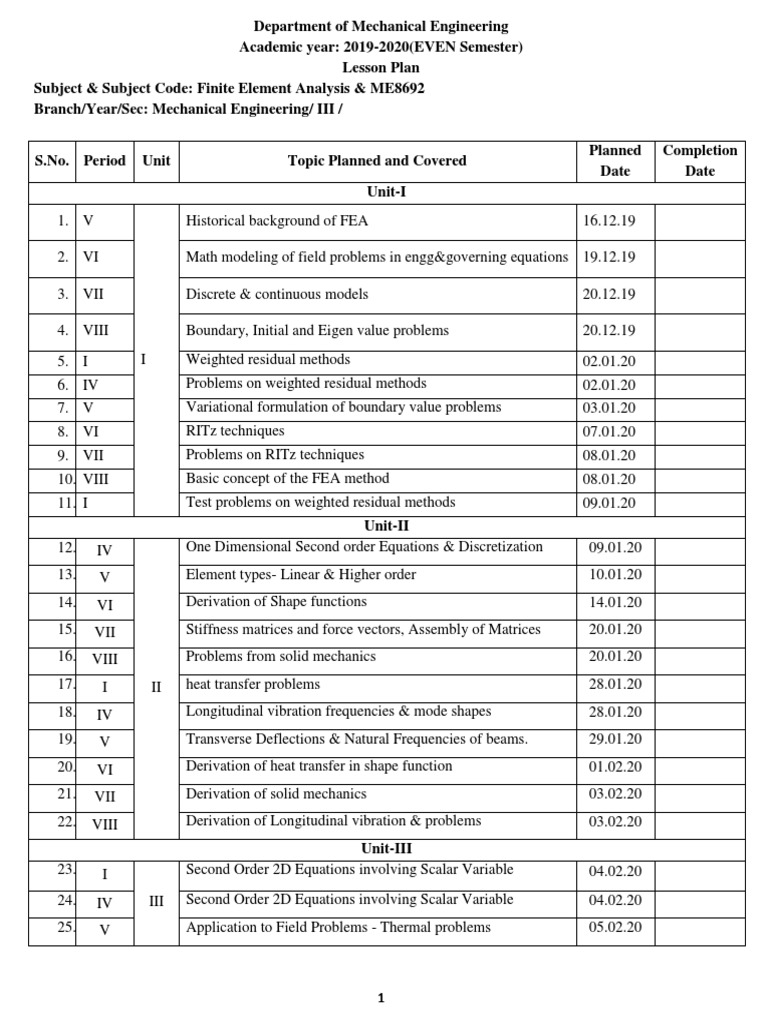 Fea Lesson Plan | PDF | Finite Element Method | Mathematical Analysis