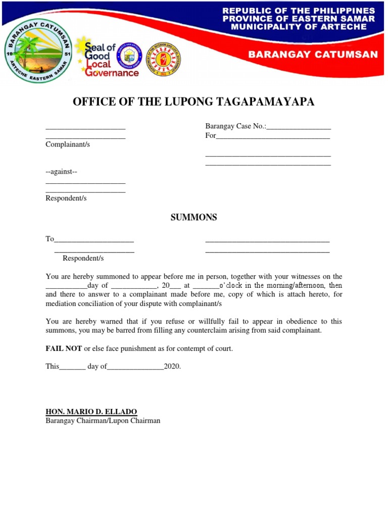 Barangay SUMMON | PDF | Leasehold Estate | Property Law