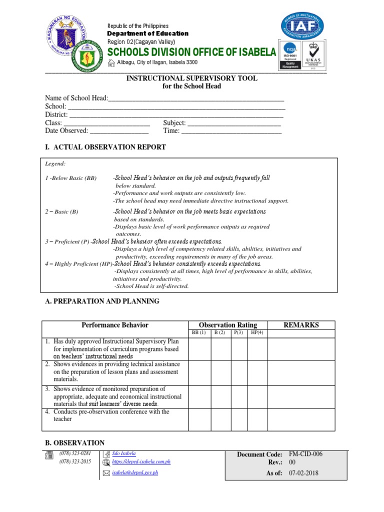 FM-CID-006 Instructional Supervisory Tool | PDF | Learning | Curriculum