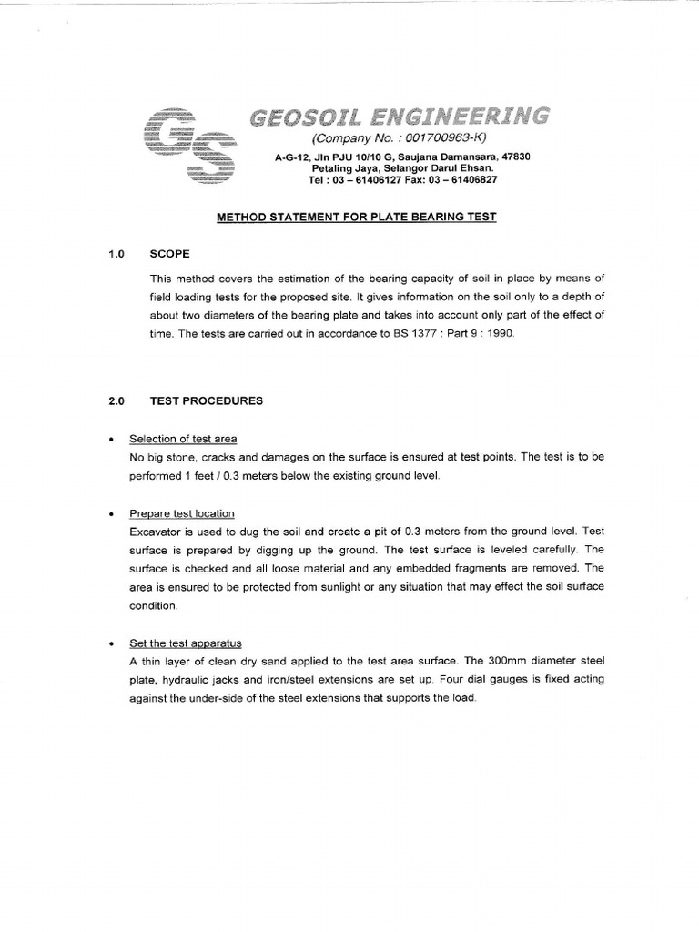 Method Statement for Plate Bearing Test: Analysis of Soil Bearing ...