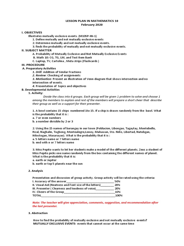 Lesson Plan Mutually Exclusive Probability - For Merge | PDF | Probability | Cognition