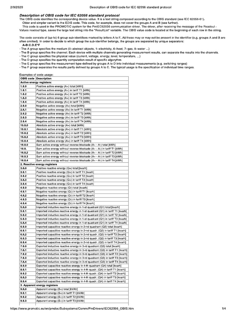 Description of OBIS Code For IEC 62056 Standard Protocol | PDF