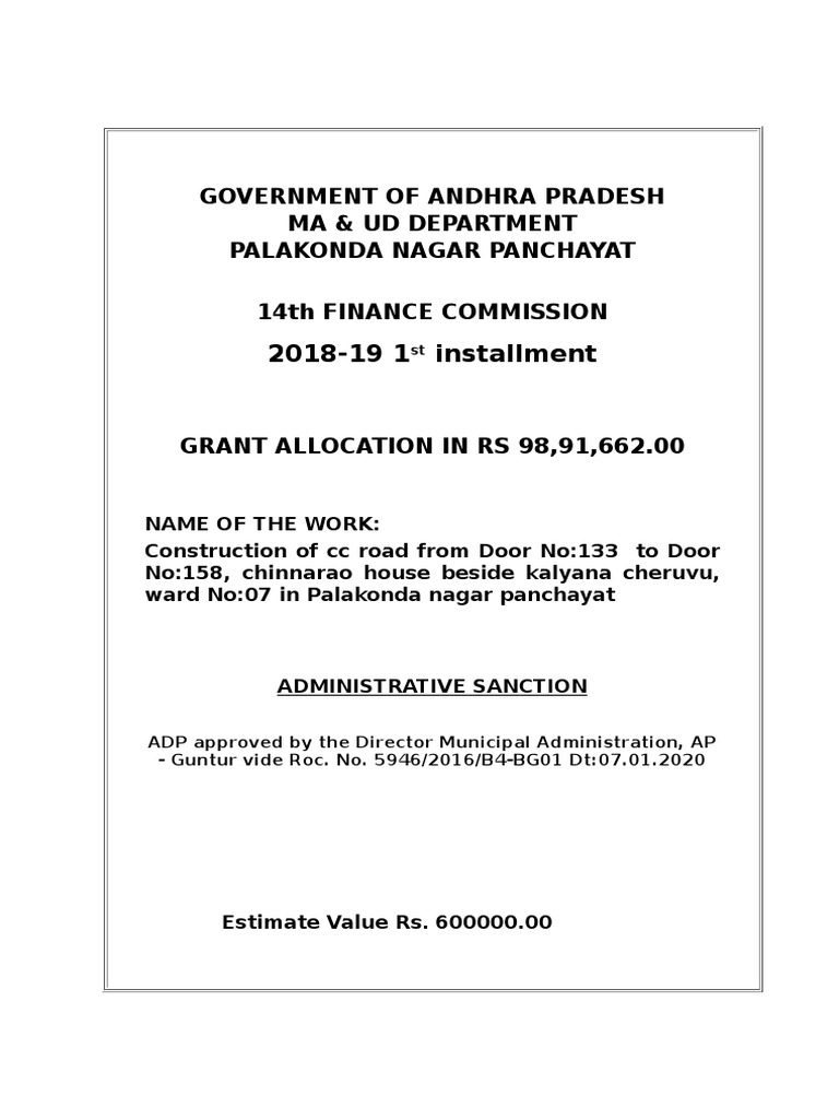 CC Road Construction Estimate for Palakonda | PDF | Road Surface | Concrete