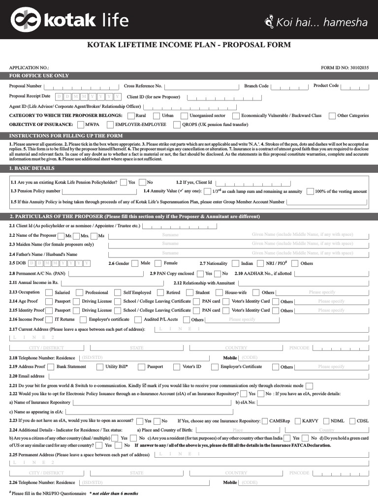 Kotak Lifetime Income Plan - Proposal Form - 061217 - Final | PDF ...