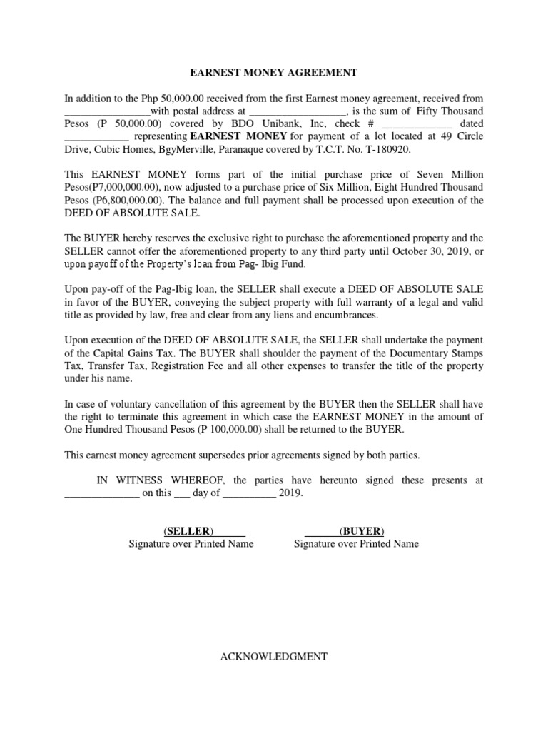 Earnest Money Receipt Agreement-1 | PDF | Deed | Money