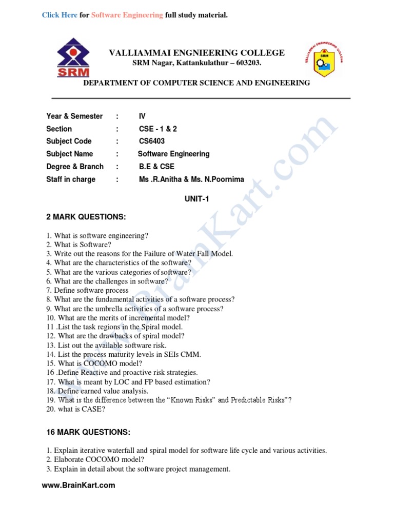 146 - CS8494, CS6403 Software Engineering - Question Bank | PDF ...