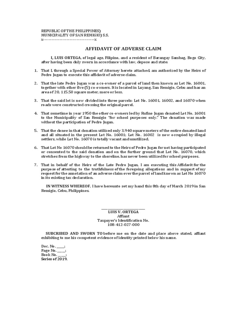 Adverse Claim | PDF | Affidavit | Public Law