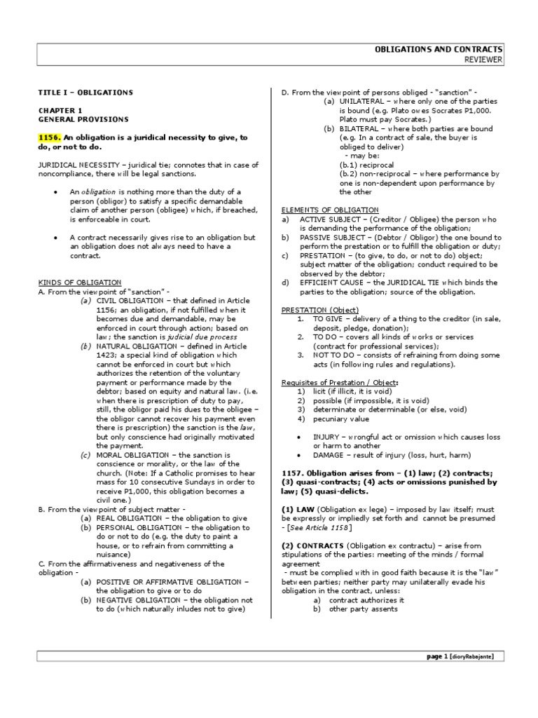 Oblicon Summary | PDF | Law Of Obligations | Usury