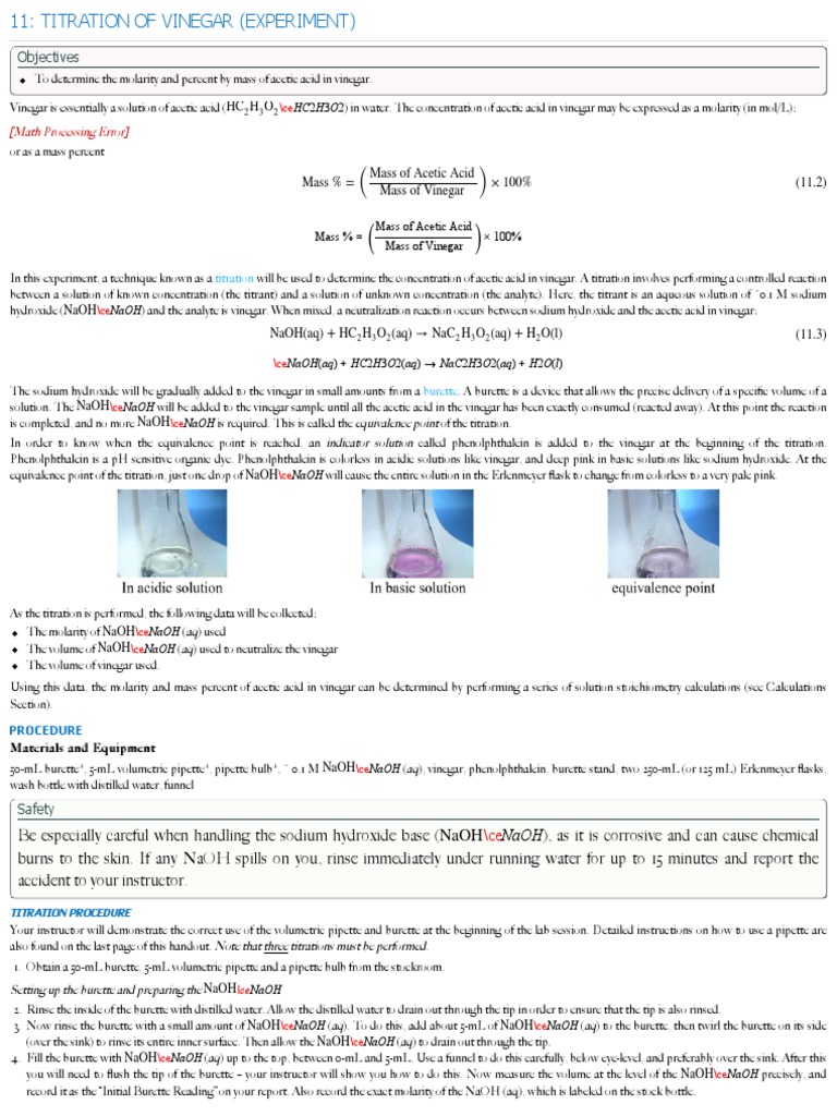 Acetic Acid Titration in Vinegar Lab | PDF | Titration | Chemistry