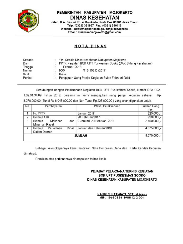 Contoh Nota Dinas Pengajuan Panjar PPTK | PDF