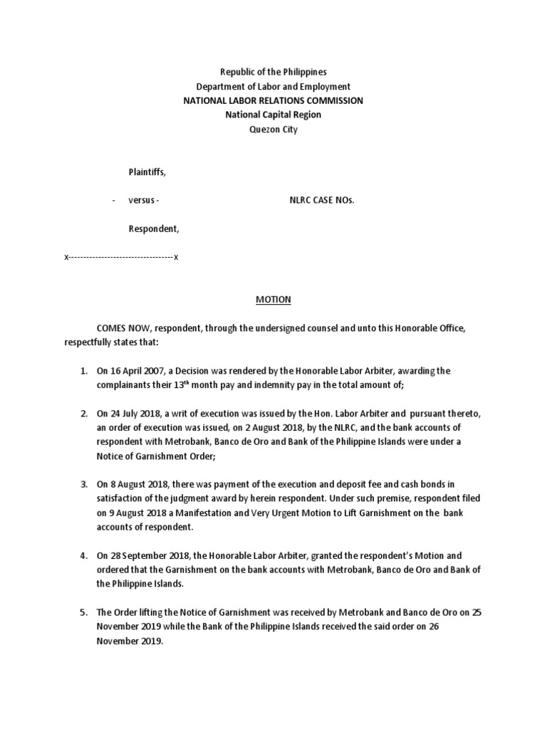 Sample Motion | PDF | Garnishment | Private Law