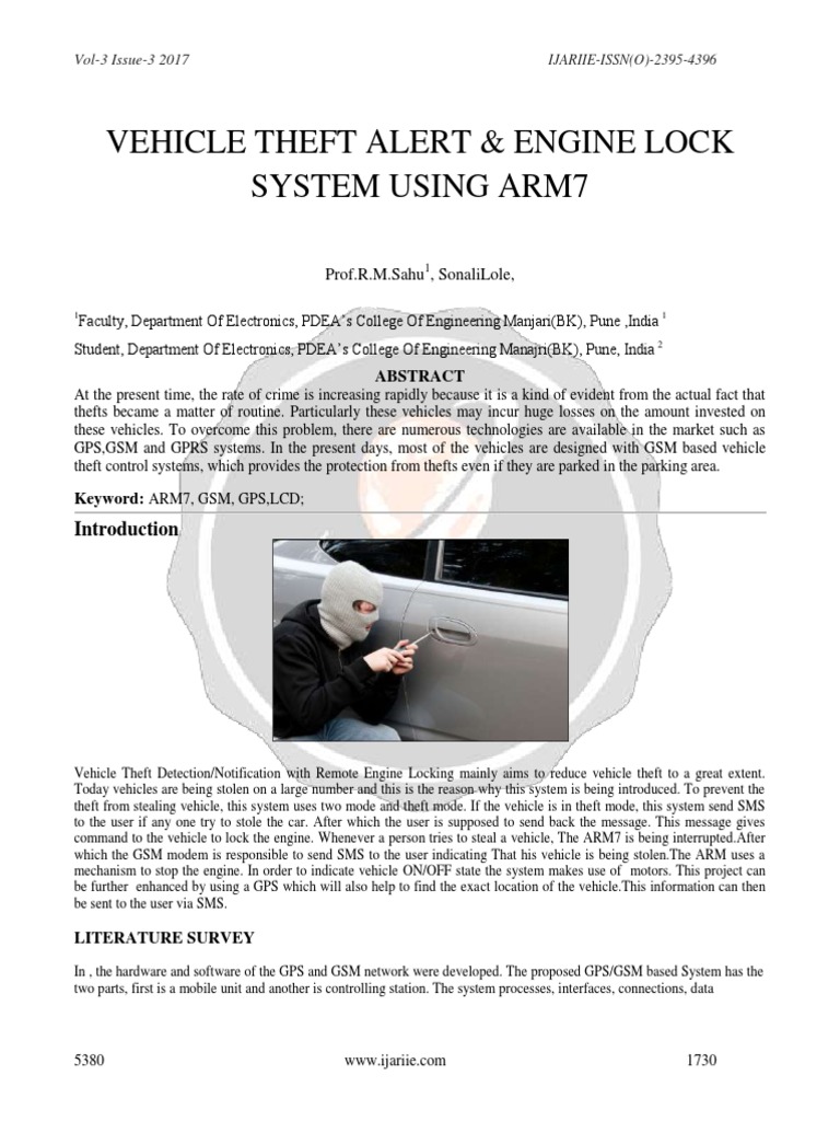 VEHICLE THEFT ALERT ENGINE LOCK SYSTEM USING ARM7 Ijariie5380 | PDF ...