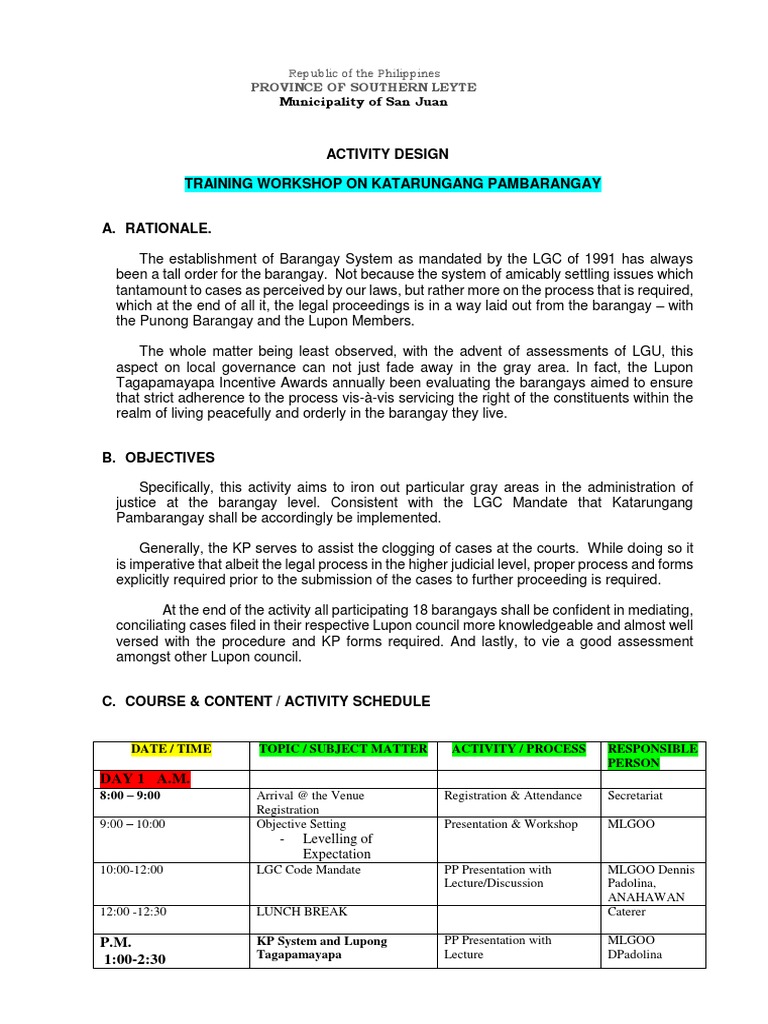 KP Training Workshop Activity Design 2017 Sogod | PDF