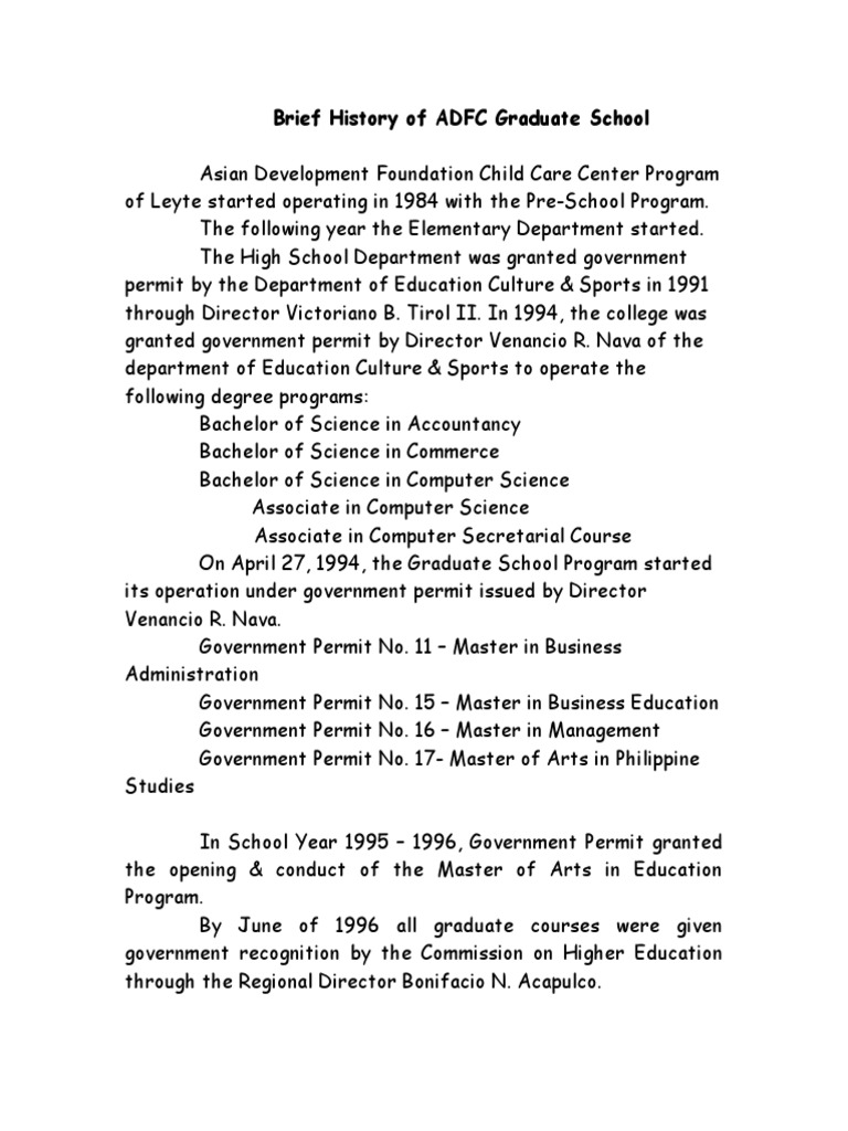 Brief History of ADFC Graduate School | PDF