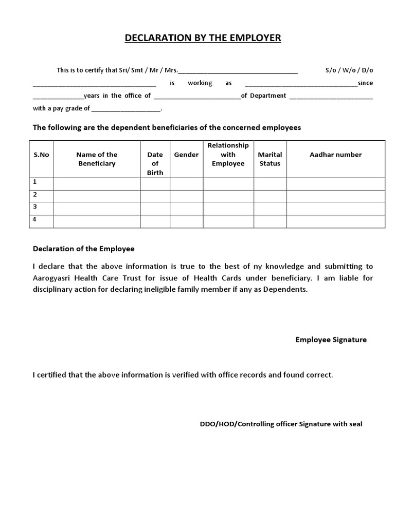 Employer Declaration for Health Cards | PDF | Career & Growth | Law