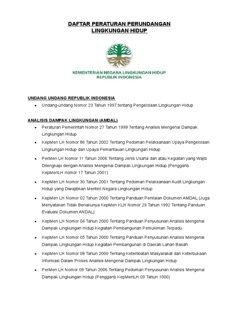 Daftar Peraturan Perundangan Lingkungan Hidup | PDF