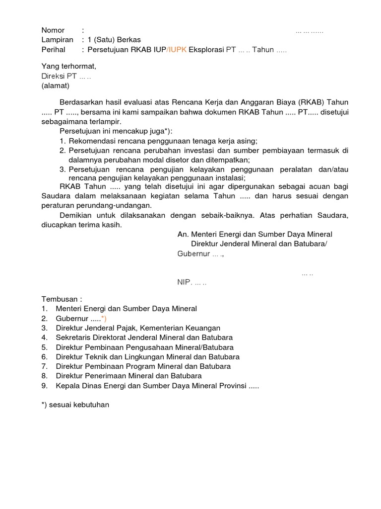 Lampiran 3A - Format Persetujuan RKAB Tahunan IUP Dan IUPK Eksplorasi ...